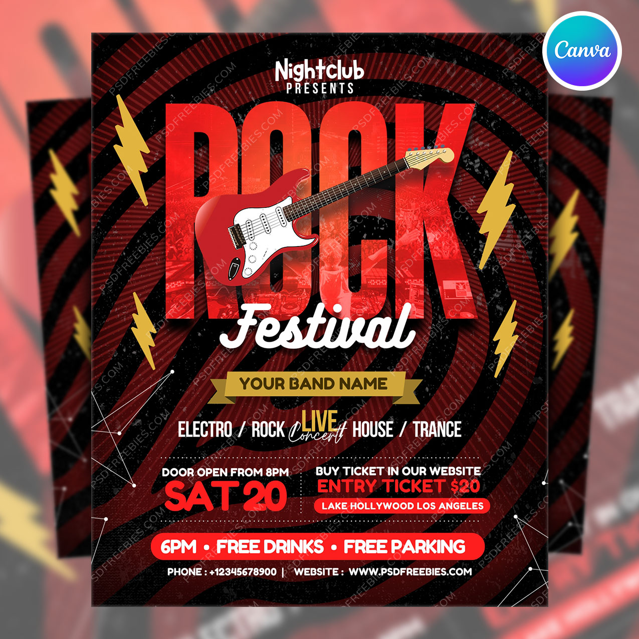 Rock Music Event Festival Poster Flyer Canva | PSDFreebies.com