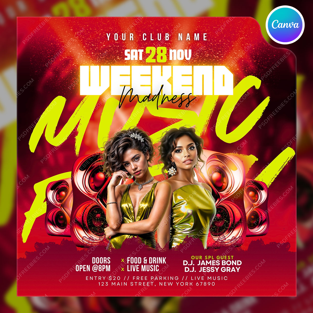 Weekend Night Club Party Flyer Canva | PSDFreebies.com