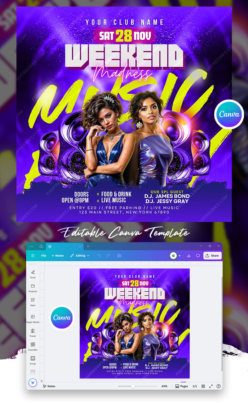 Weekend Madness Music Party Flyer Canva | PSDFreebies.com