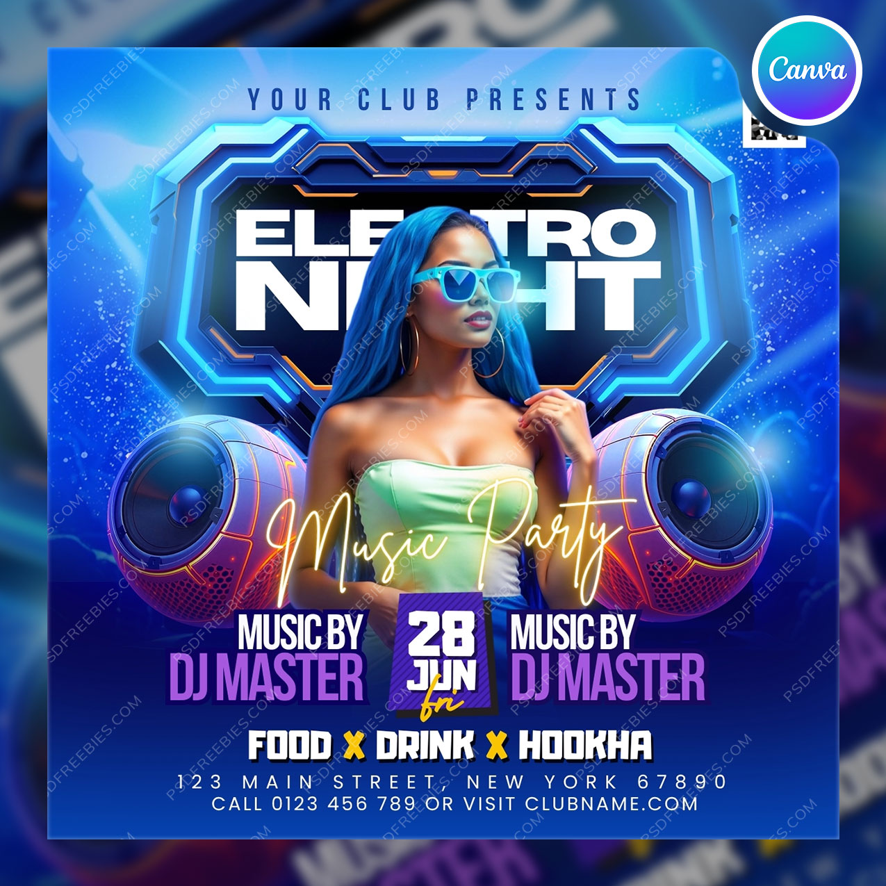 Electro Night Music Party Social Media Flyer Canva | PSDFreebies.com