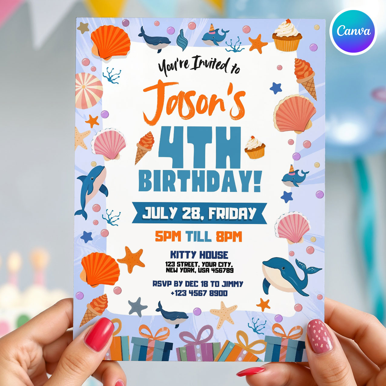 Under Sea Theme Birthday Invitation Card Canva Template | PSDFreebies.com