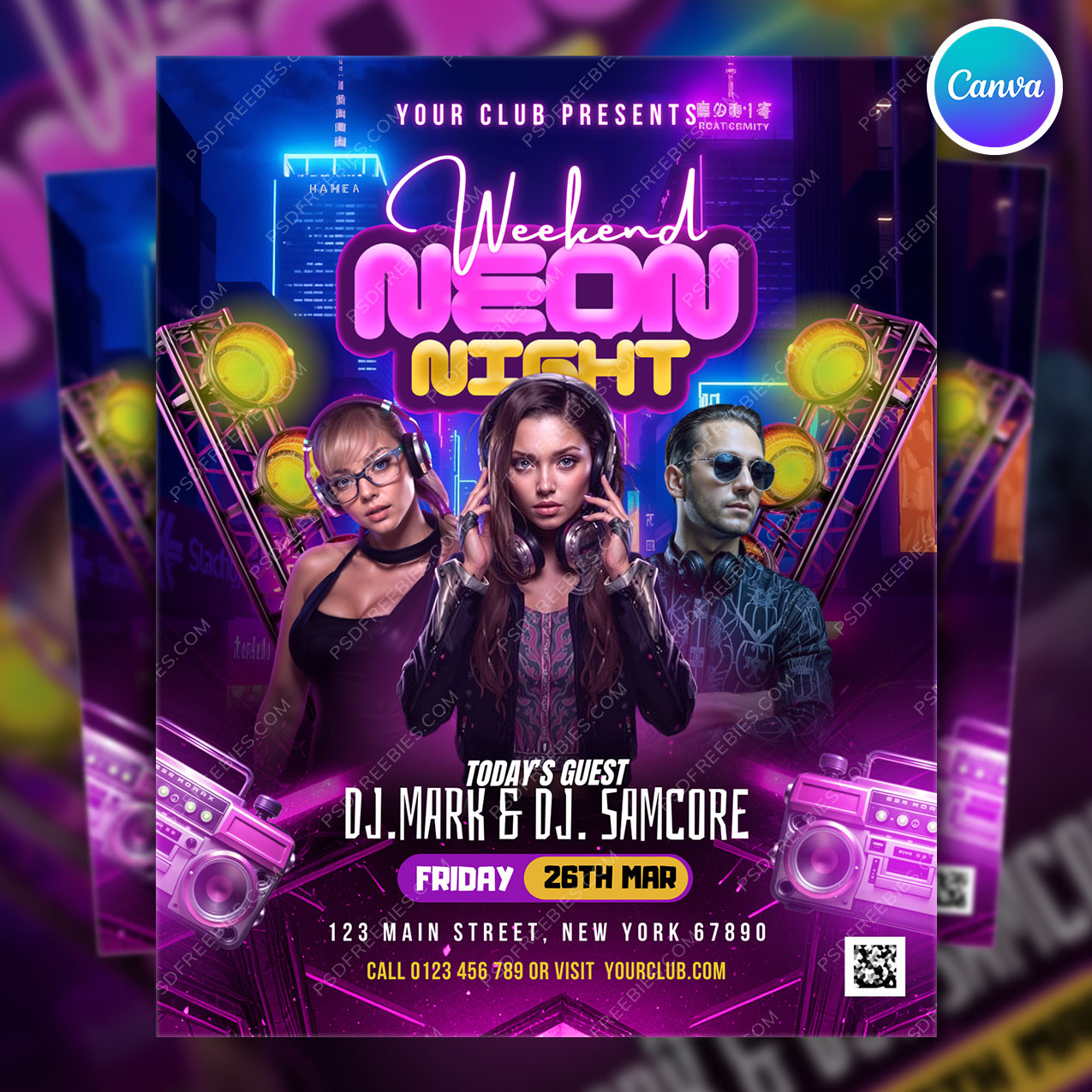 Weekend Neon Night Club Party Flyer Canva Template | PSDFreebies.com