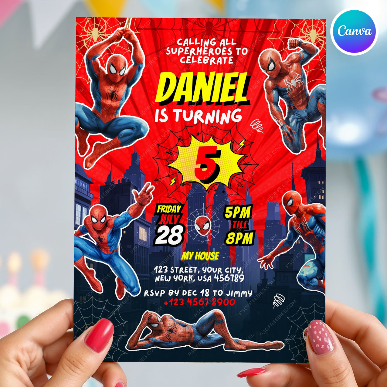 Editable Superhero Birthday Invitation Canva Template | PSDFreebies.com