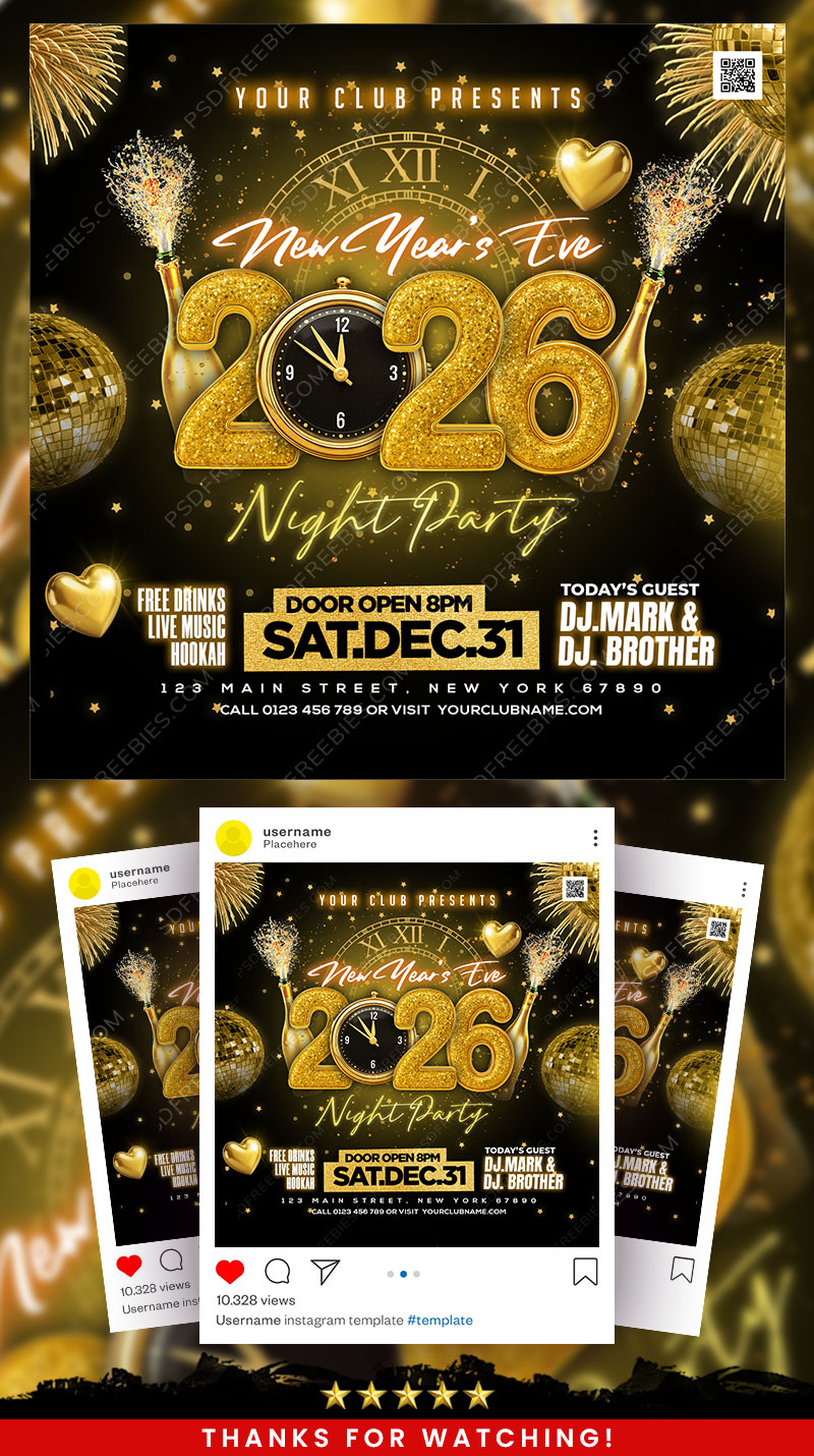 Editable 2026 New Year Celebration Social Media Flyer PSD | PSDFreebies.com