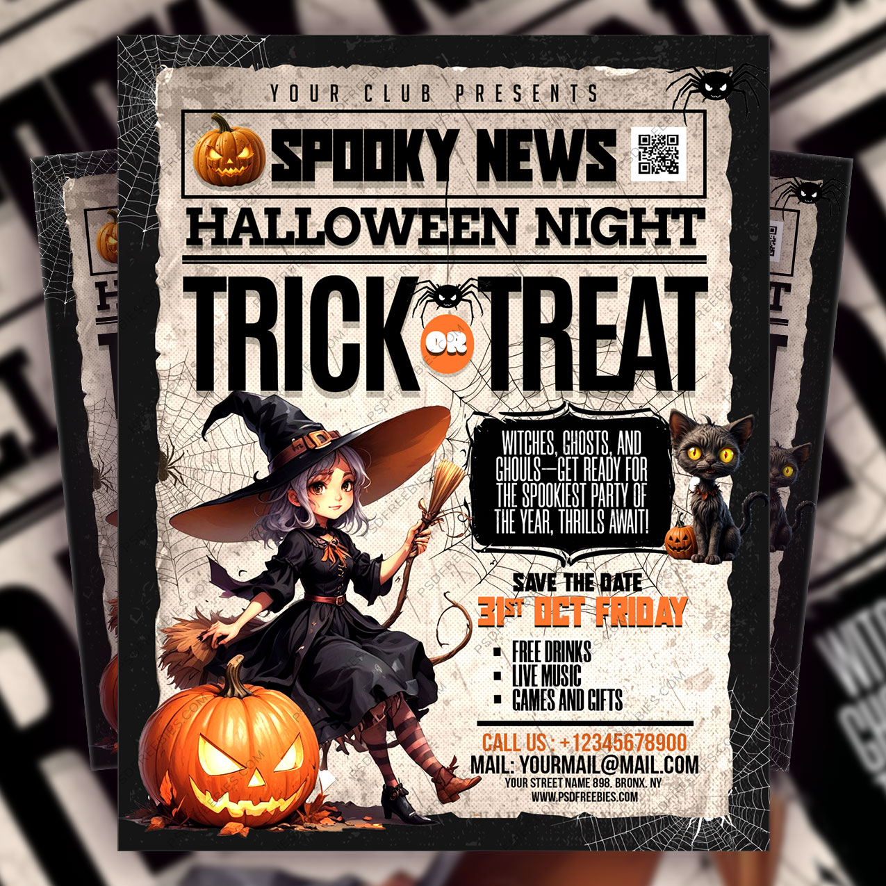 Editable Trick or Treat Halloween Party Flyer PSD Template ...