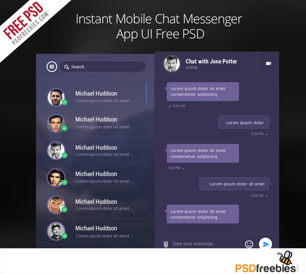 Instant Mobile Chat Messenger App UI Free PSD | PSDFreebies.com