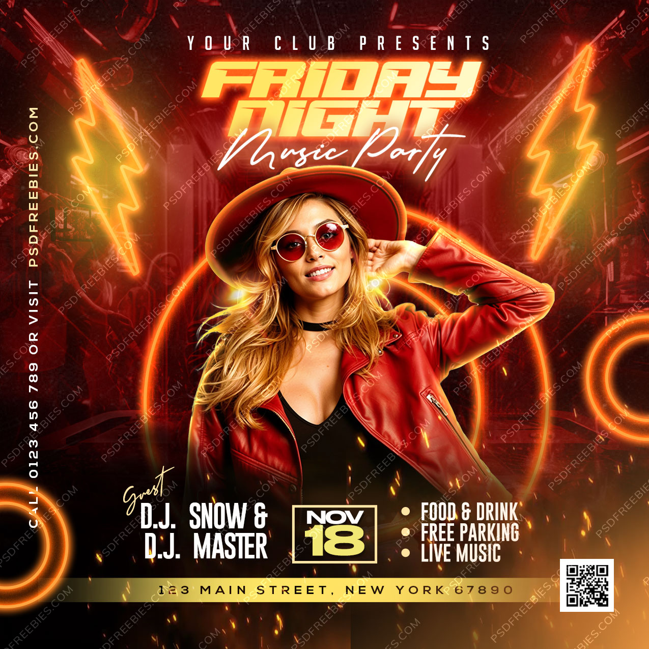 Neon DJ Music Party Social Media Post PSD | PSDFreebies.com